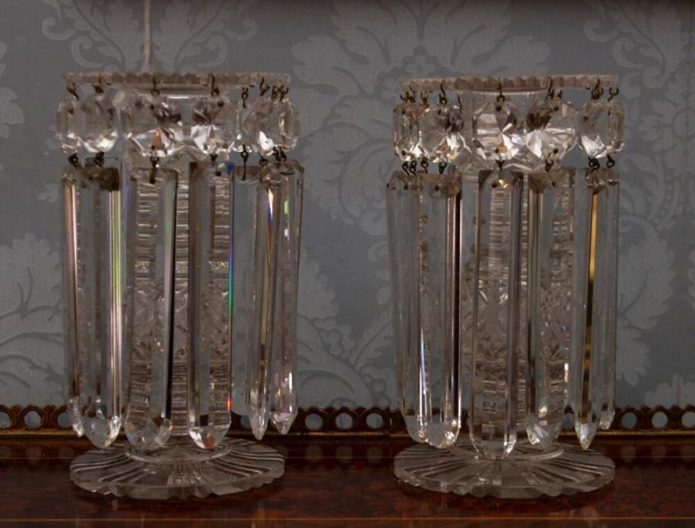 A pair of Regency clear cut glass table lustres, circa 1820, knop stems ...