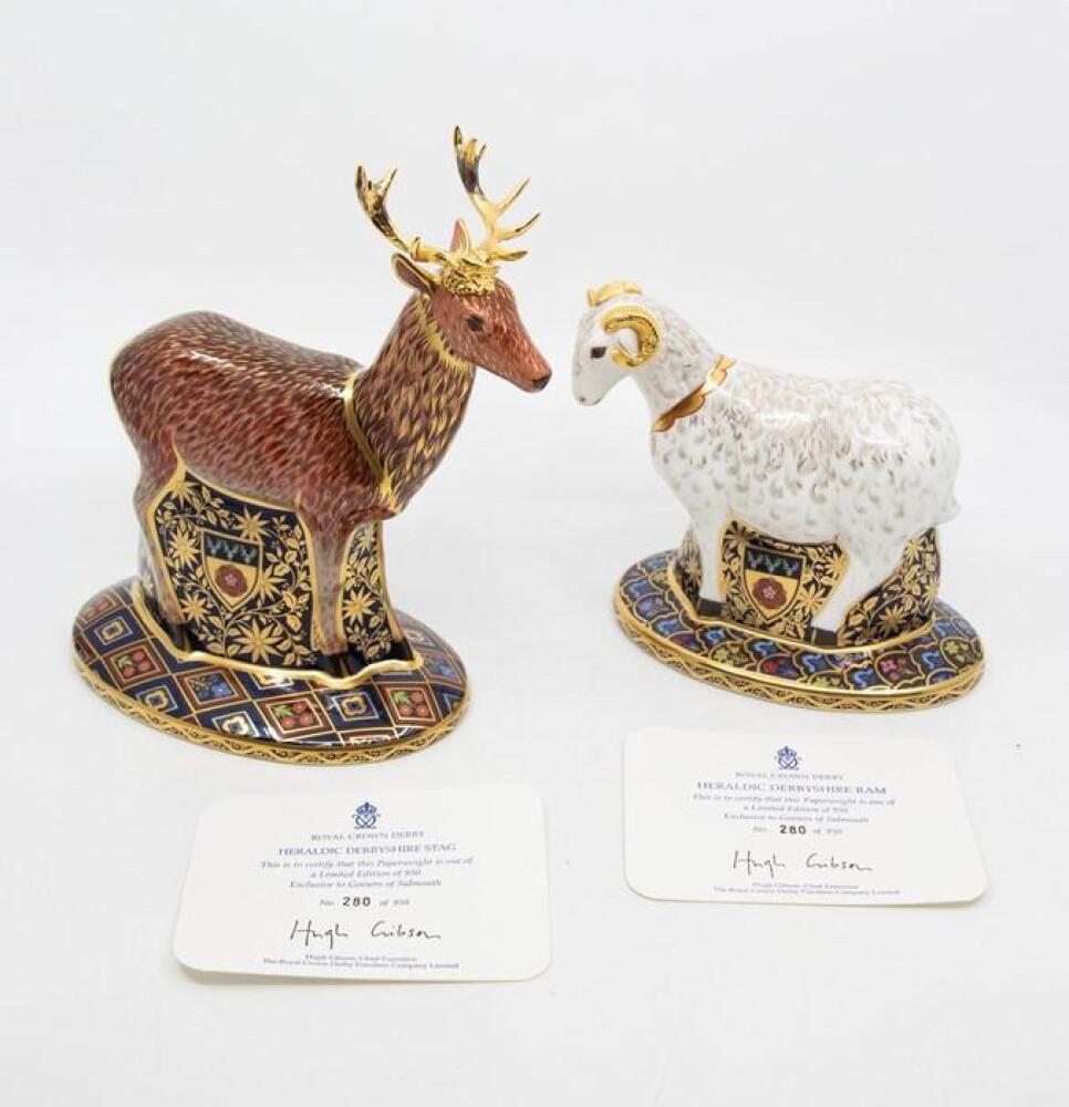 Royal Crown Derby Heraldic Derbyshire stag and Derbyshire Ram, both ...