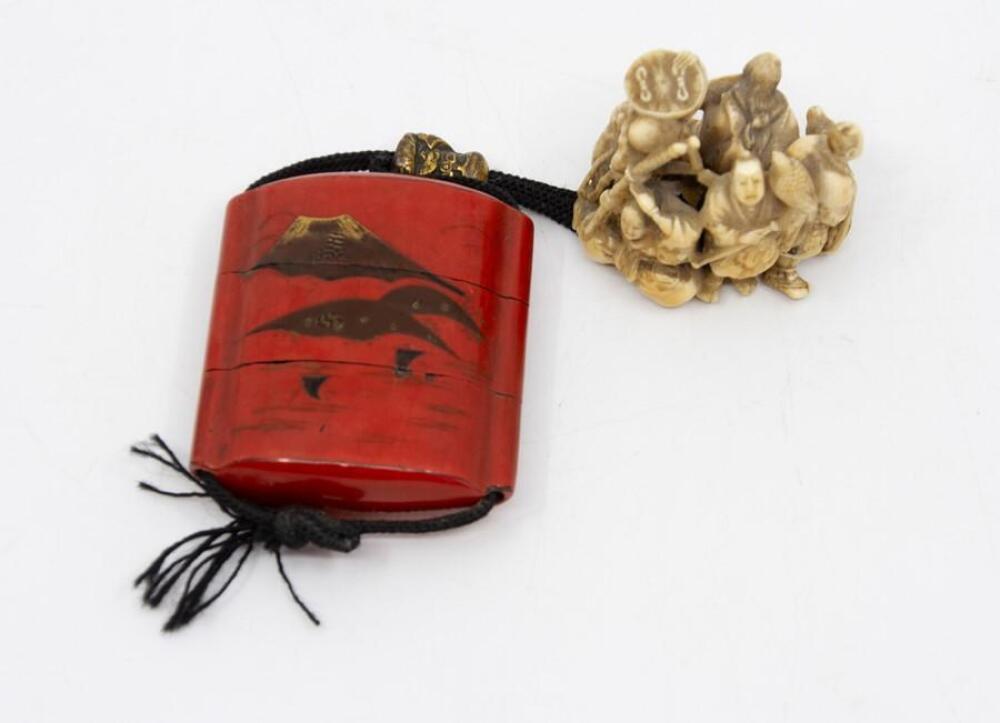 A Japanese red lacquer triple section inro, Meiji period, 1868-1912, a ...