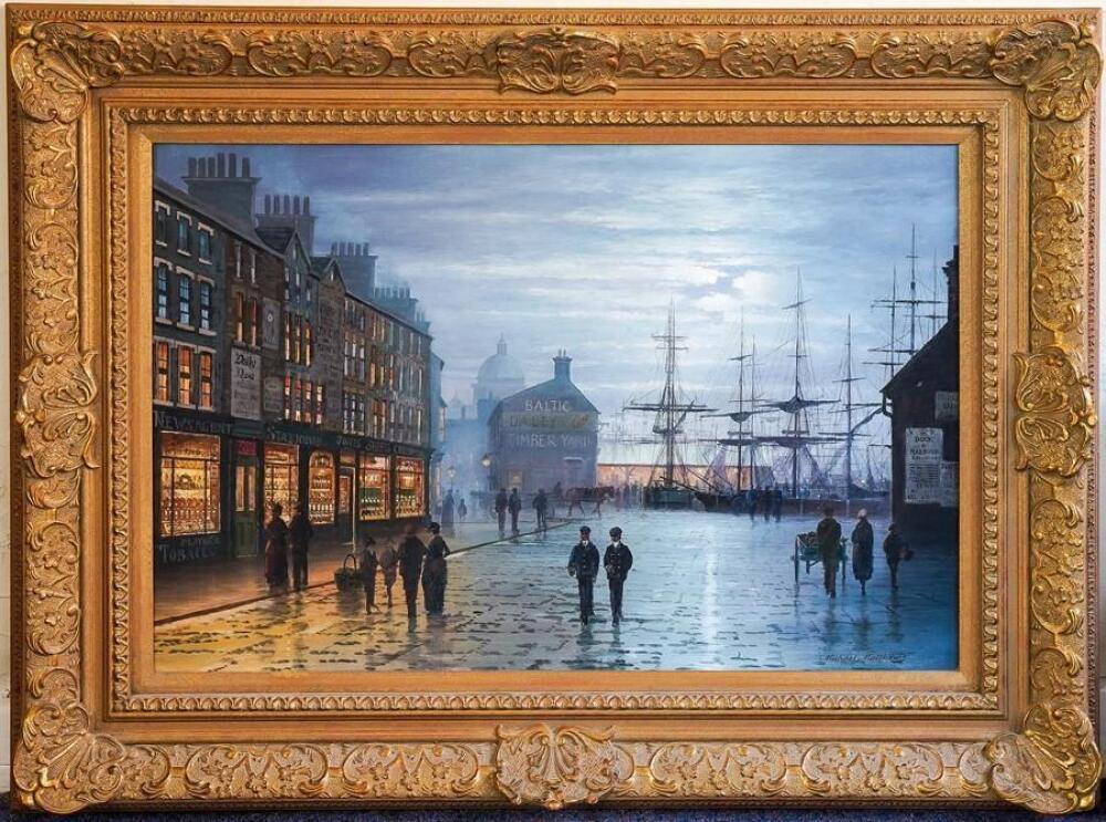 Michael Matthews (British, 1933), a moonlit Victorian dock scene with ...