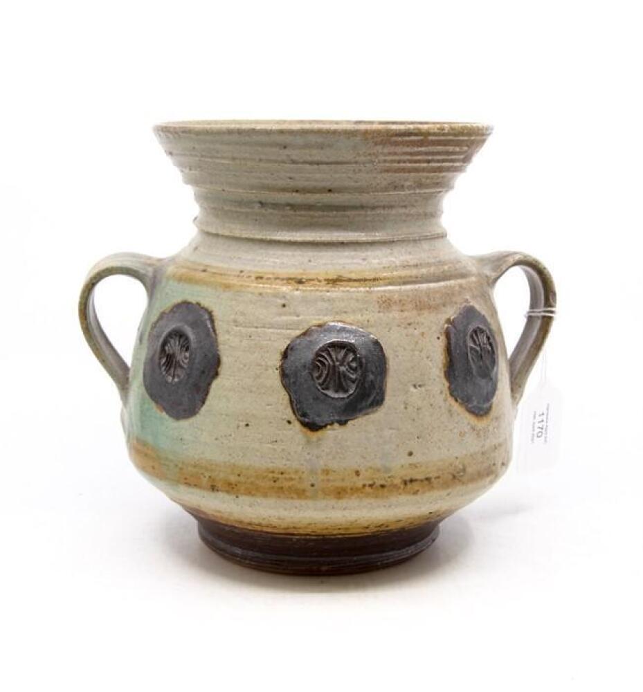 Studio Pottery: Mary Rich two handled vase with impressed decoration ...
