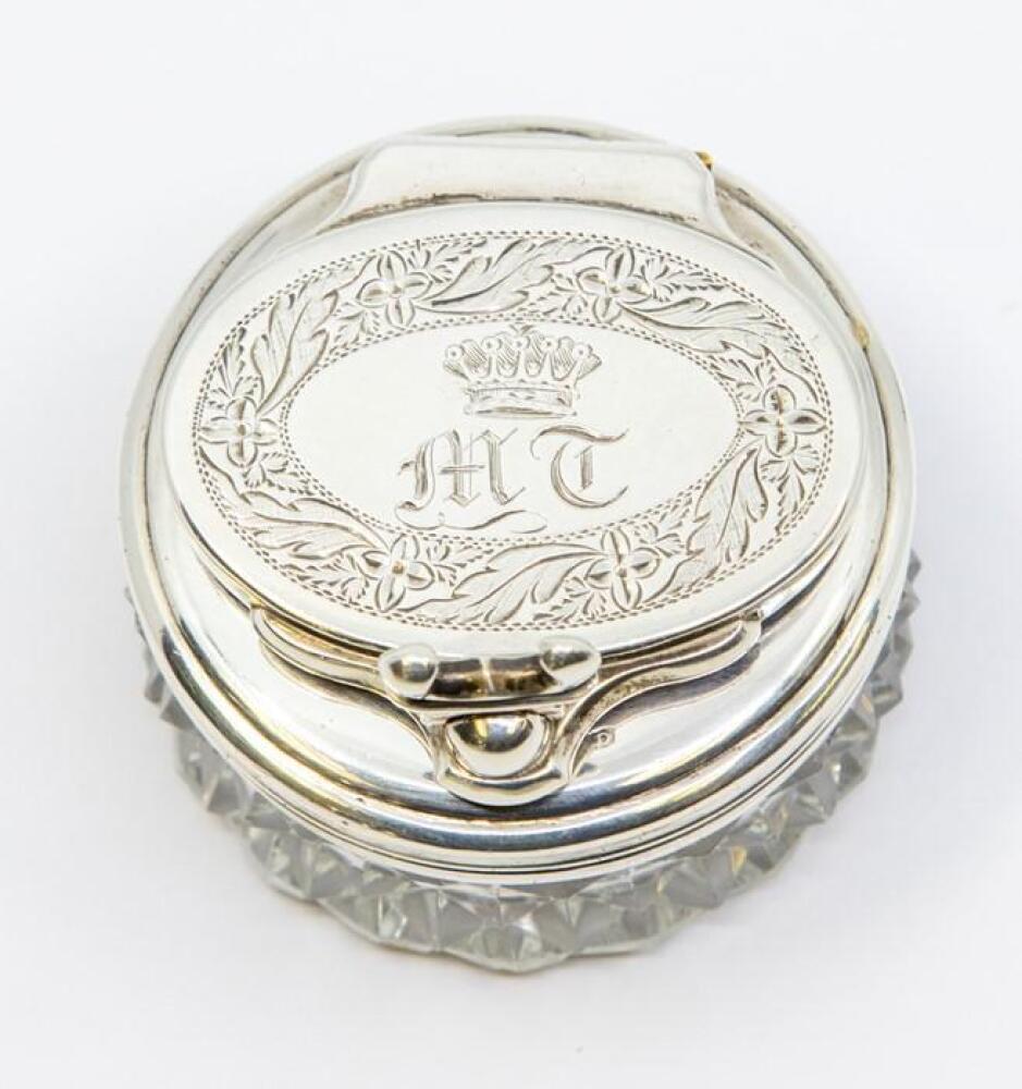 A George III cut glass circular box and silver hinged cover and collar ...