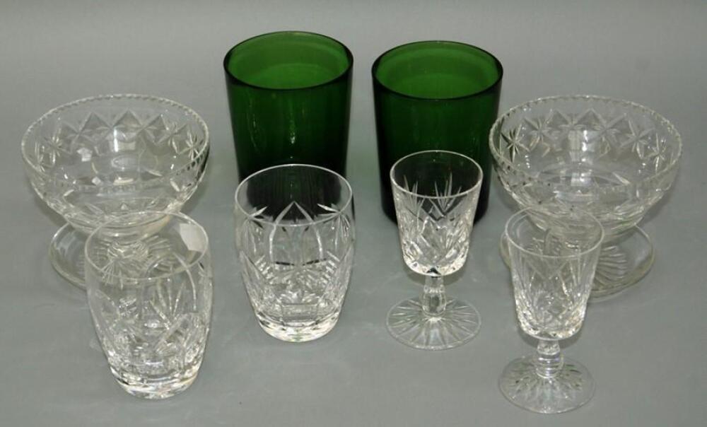 Four cut crystal sundae dishes, five printed glass sorbet dishes, a ...