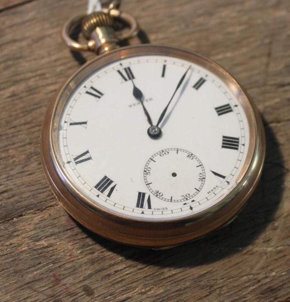 A Stayte 9ct. rose gold pocket watch, crown wind, having white enamel ...