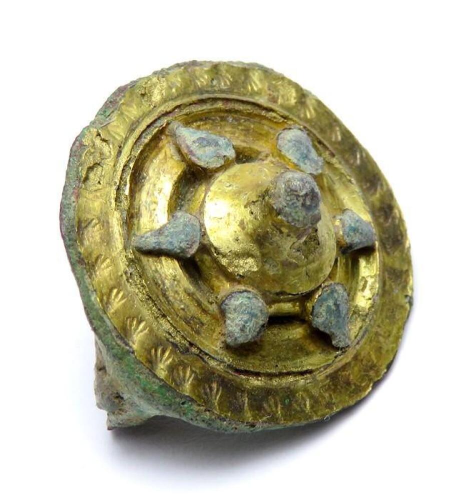Roman spoked disc brooch with gilding. A bronze disc brooch with a ...
