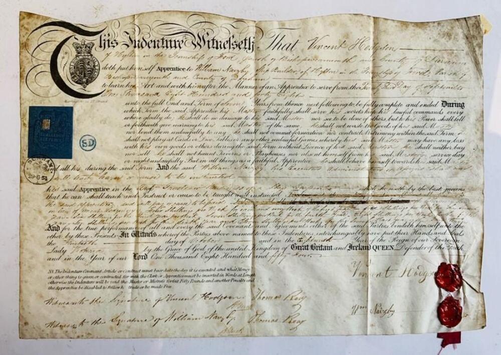 Vellum apprenticeship indenture, Vincent Hodgson to William Naizby ...