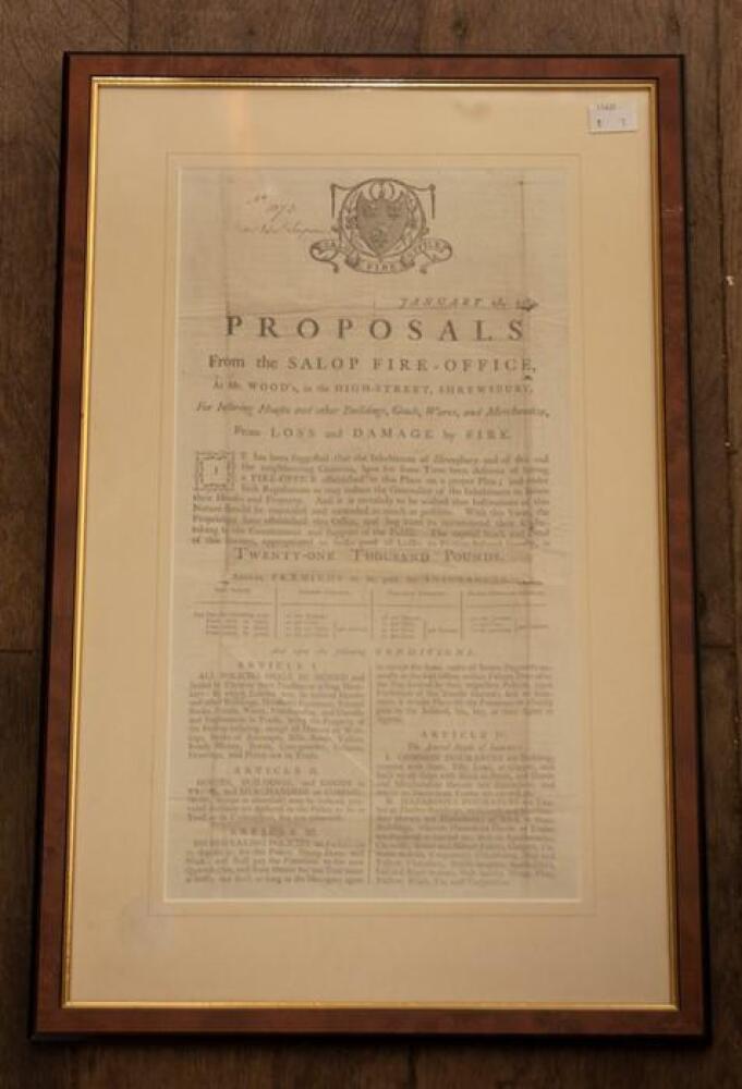 Collection of framed prints, to include a fire insurance 'Proposals ...