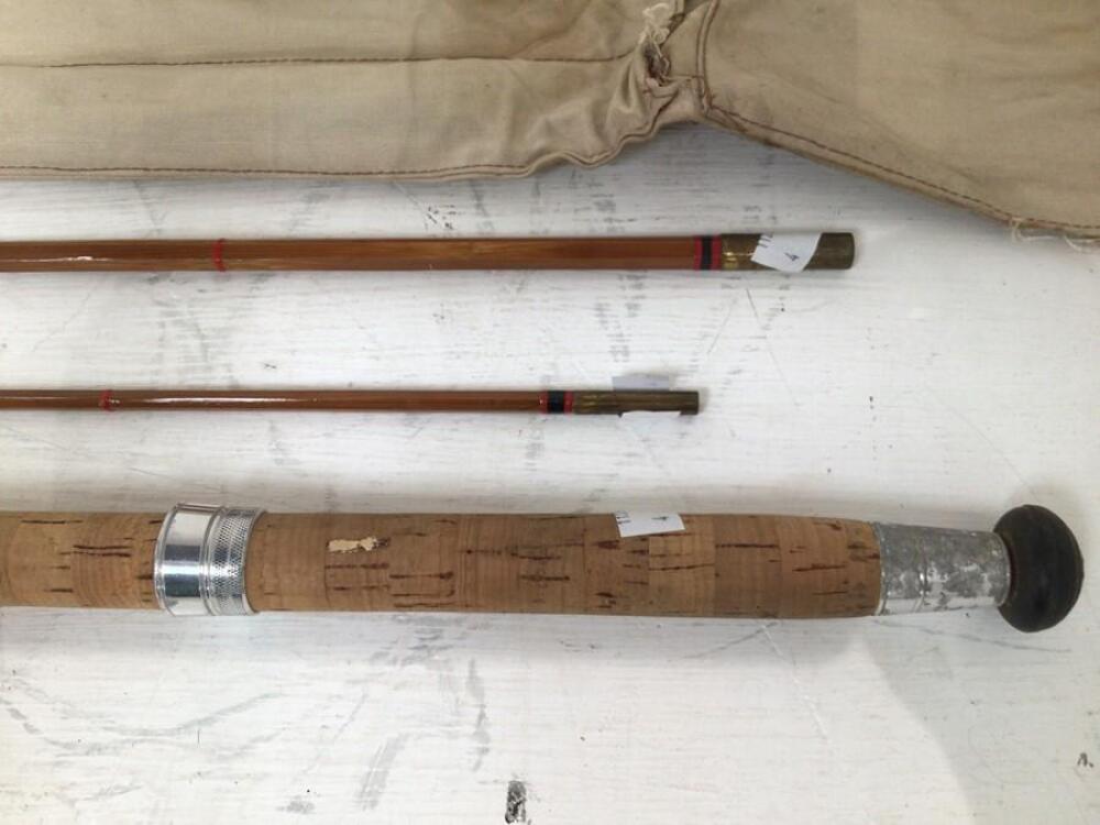 A vintage split cane three piece fishing rod, in original cover (1)