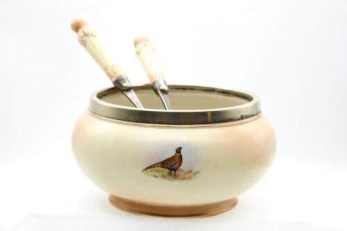 A Locke & Co Worcester EPNS mounted salad bowl, the body painted with a ...