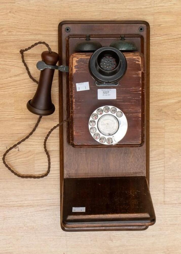 Vintage wooden wall mounted telephone early 20th century, G.P.O no. 4 ...
