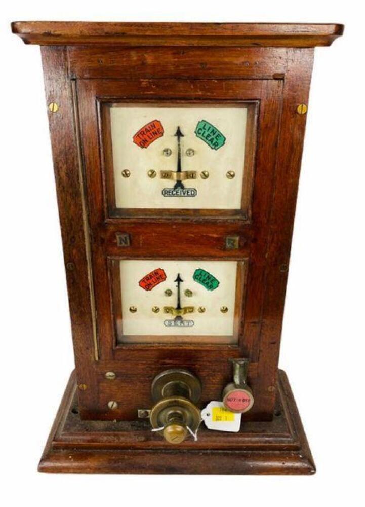 A Railway Signal Box Block Instrument. A dual indicator with handle in ...