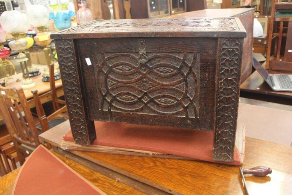 Small, oak, Victorian, 17th century-style blanket coffer, single carved ...