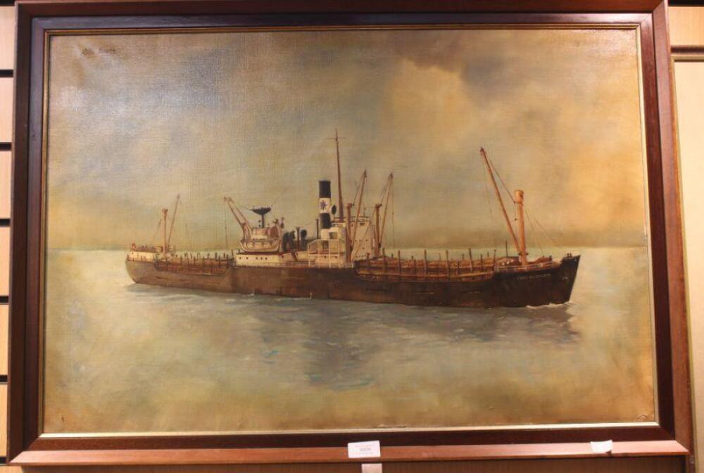 An oil on canvas of an early 20th Century merchant ship at sea