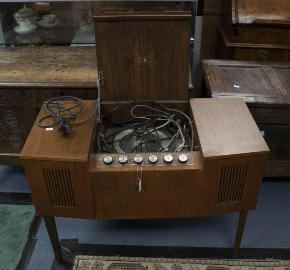 1960's HMV stereogram in a teak cabinet on legs, with Garrard deck ...