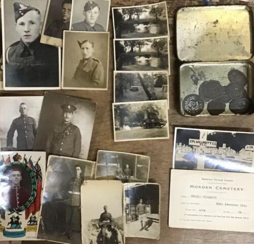 Collection of Military pictures from WW1 to WW2, Token coins in a tin ...
