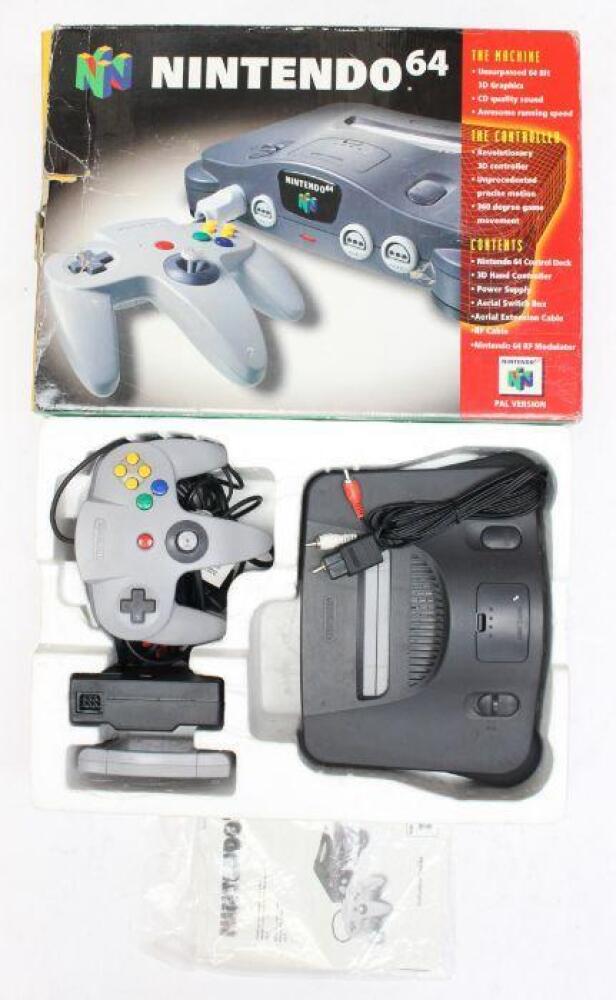 Nintendo: A boxed Nintendo 64 black console, containing unit, one ...