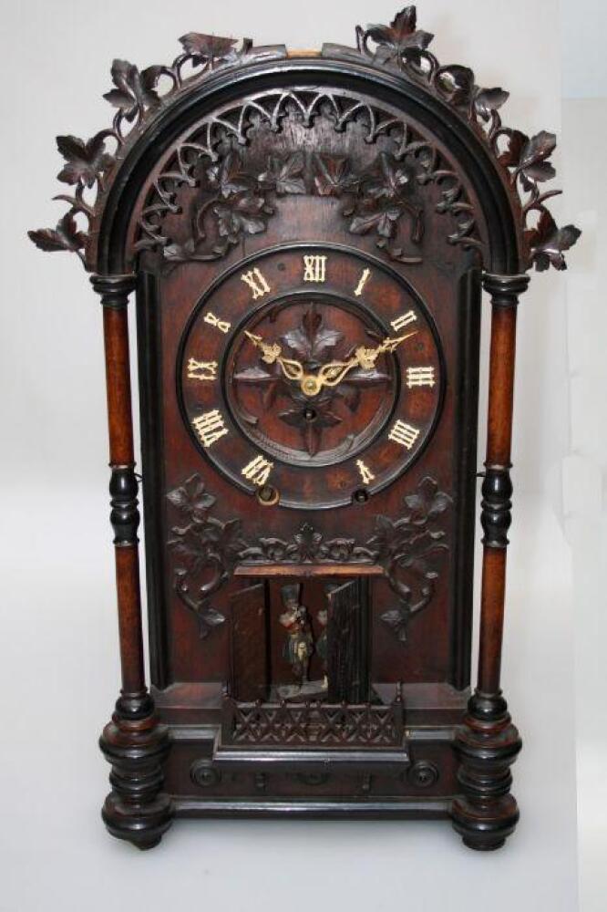 A rare late 19th century Black Forest Trumpeter mantle clock of large ...
