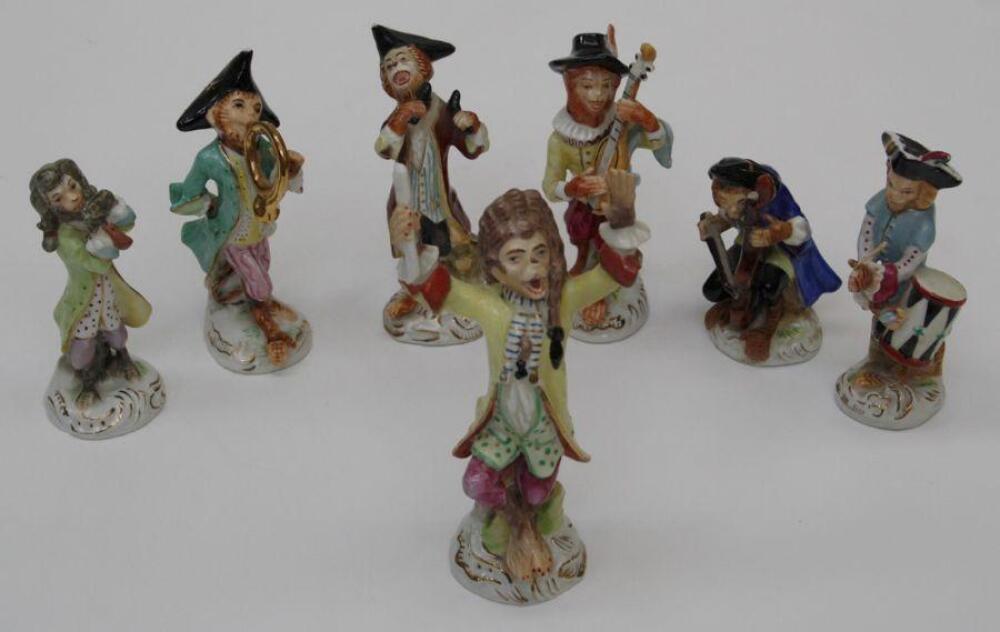 An early 20th century Sitzendorf porcelain seven piece monkey band ...