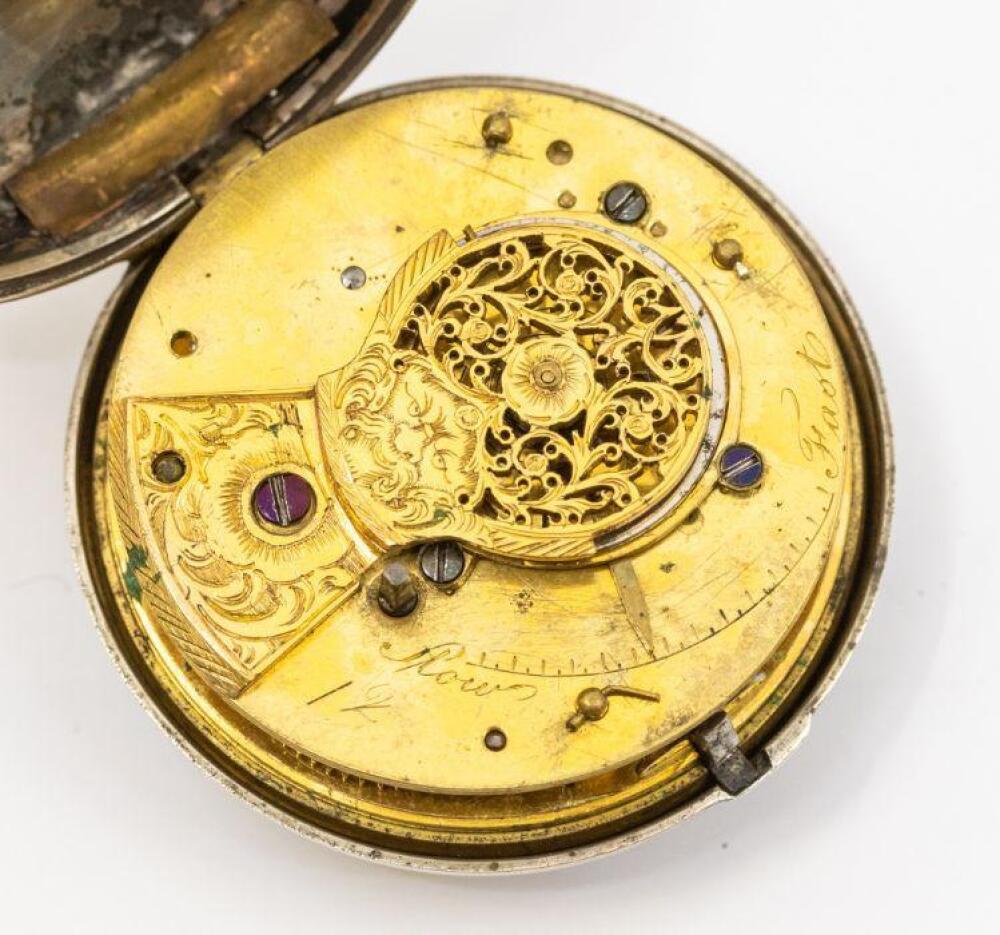A George IV silver pair cased open faced pocket watch, white enamel ...