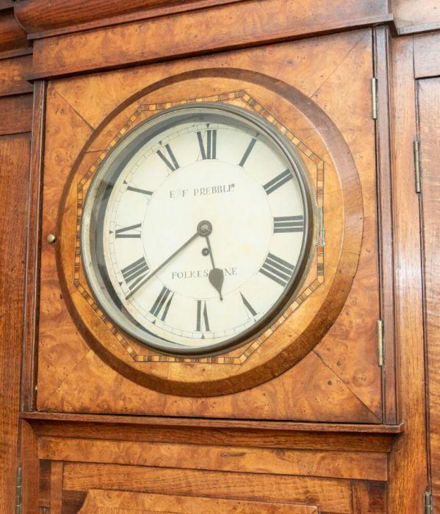 A George III oak housekeeper’s cupboard, E.F. Prebble Folkstone clock ...
