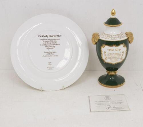 Three Royal Crown Derby twin handled mugs, along with the Caverswall ...