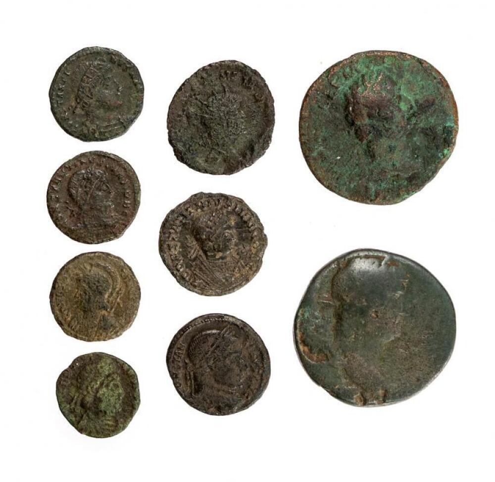 A mixed lot of nine copper-alloy Roman coins, mostly 4th century, but with a smattering of ...