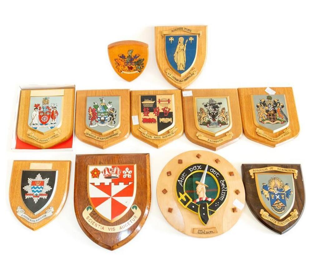 A box of Heraldic shields, including Merthyr Tydfil, Ryedale DC ...