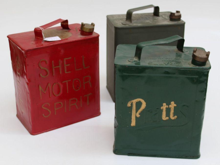 A Shell Motor Spirit petrol can, a Pratts can and a 1945 War Department ...