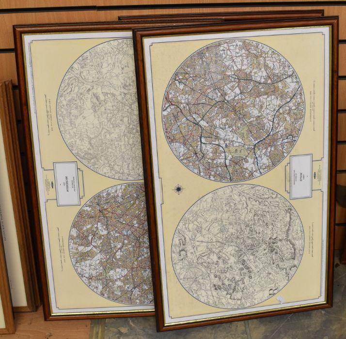 Collection of framed maps, oval wall mirror and Egyptian picture
