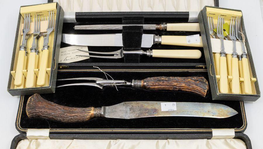 A Victorian Sheffield steel and Antler carving set, boxed together with ...