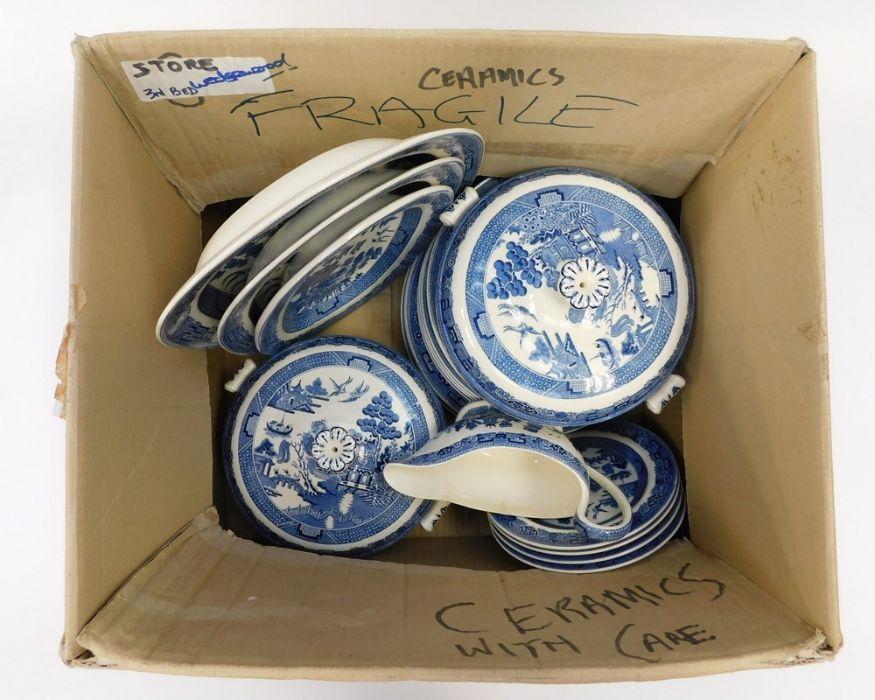 A collection of blue and white ceramics including Wedgwood Etruria ...