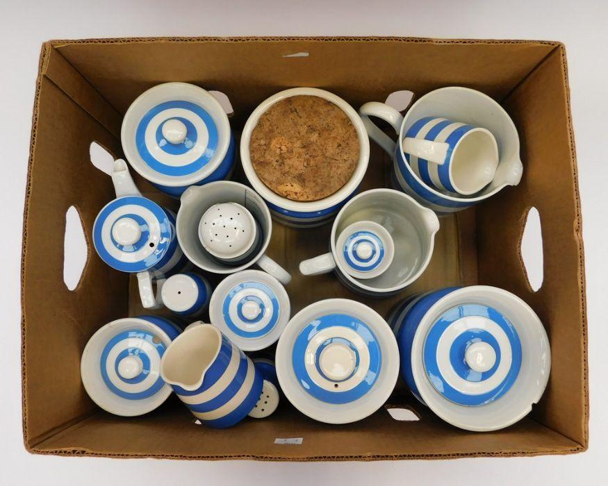 T G Green Cornish Ware. A collection of items in blue and white band ...