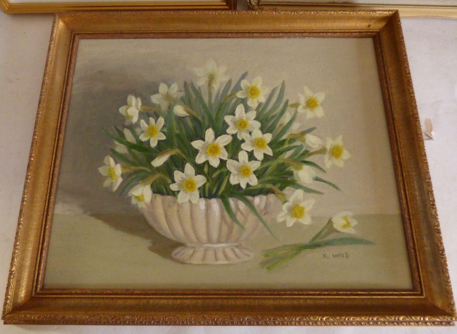 box of pictures to include an oil on board signed Kathleen Wild, 46cm x ...