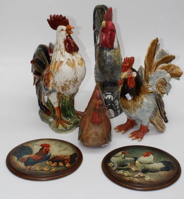 A large late 20th century majolica glazed cockerel, 50cm high, together ...