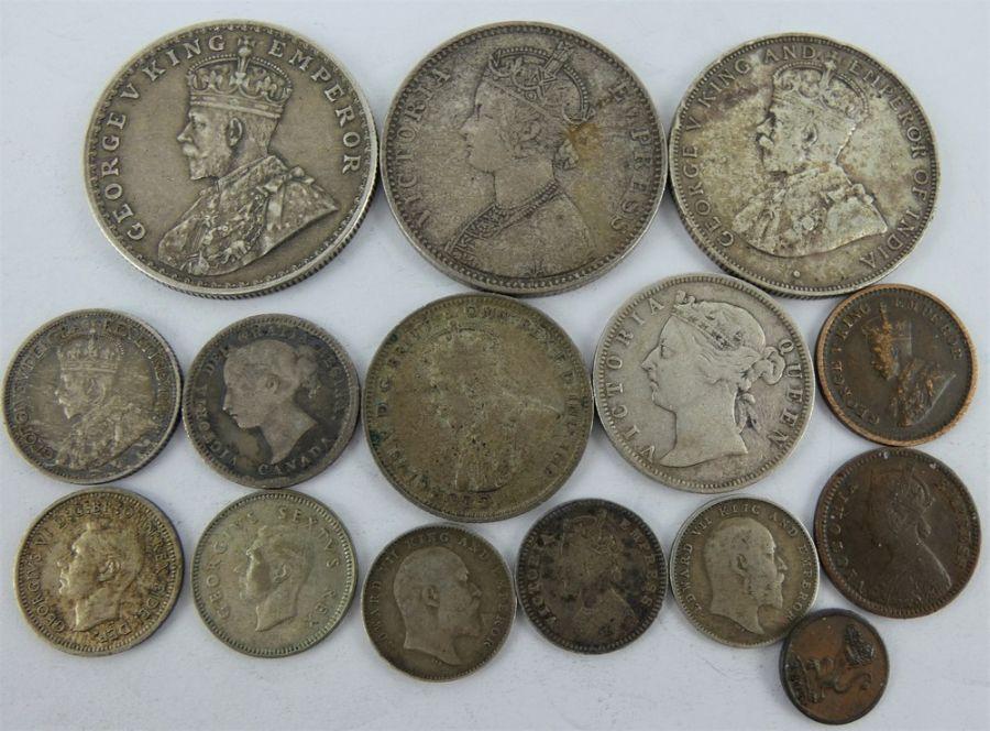 Variety of mainly silver British Colonial coinage. Silver approx 55 grams