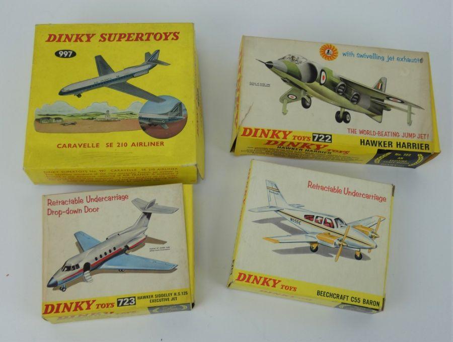 4 Dinky Toys aeroplanes, all boxed, including Hawker Harrier jump jet ...