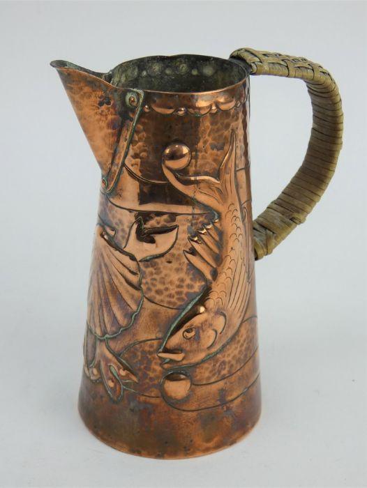 Newlyn copper Arts & Crafts jug with fish and scallop decoration and ...