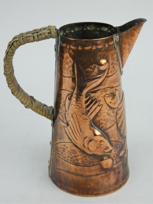Newlyn copper Arts & Crafts jug with fish and scallop decoration and ...