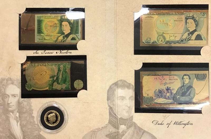 Great British Icons gold coin (9ct, 8g) with Icons UK Banknote collection.