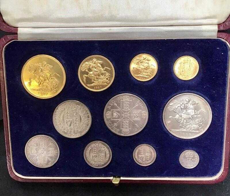 1887 full 11 coin proof sets from gold £5 to silver Threepence. In ...