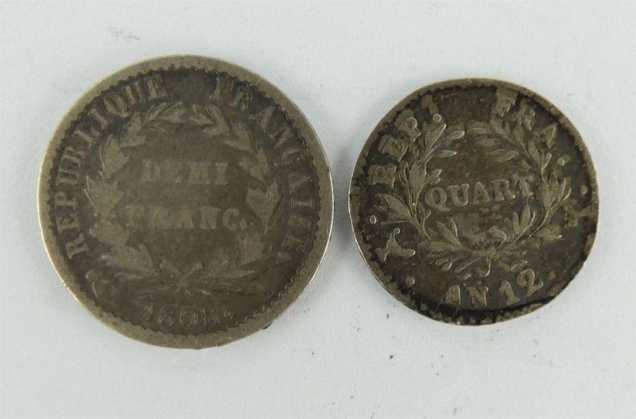 Napoleon Bonaparte silver demi franc coin 1808 and silver quart coin AN12.