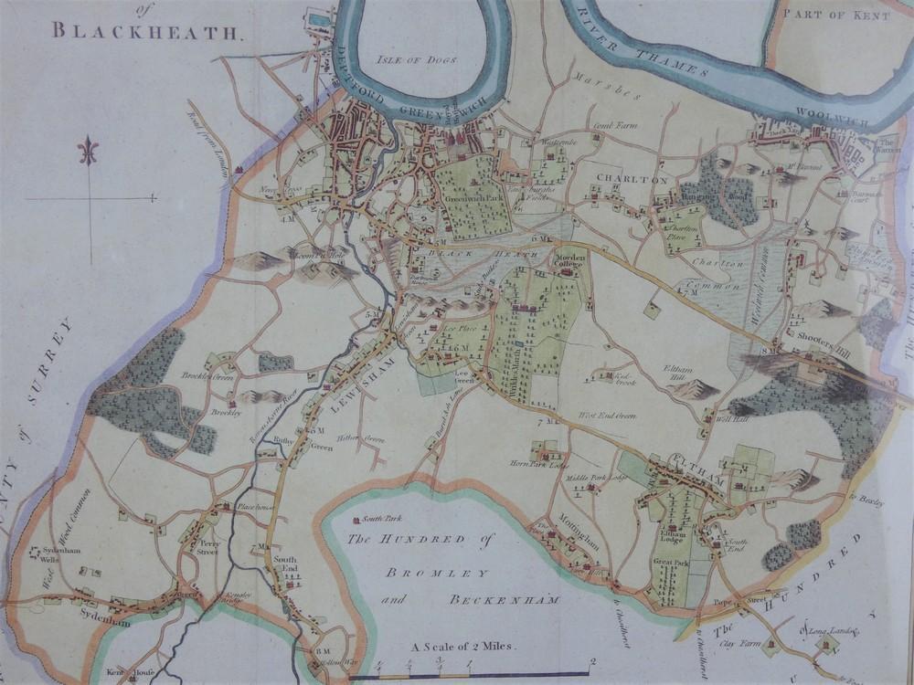 Late 18th century Map of the Hundred of Blackheath, hand tinted ...
