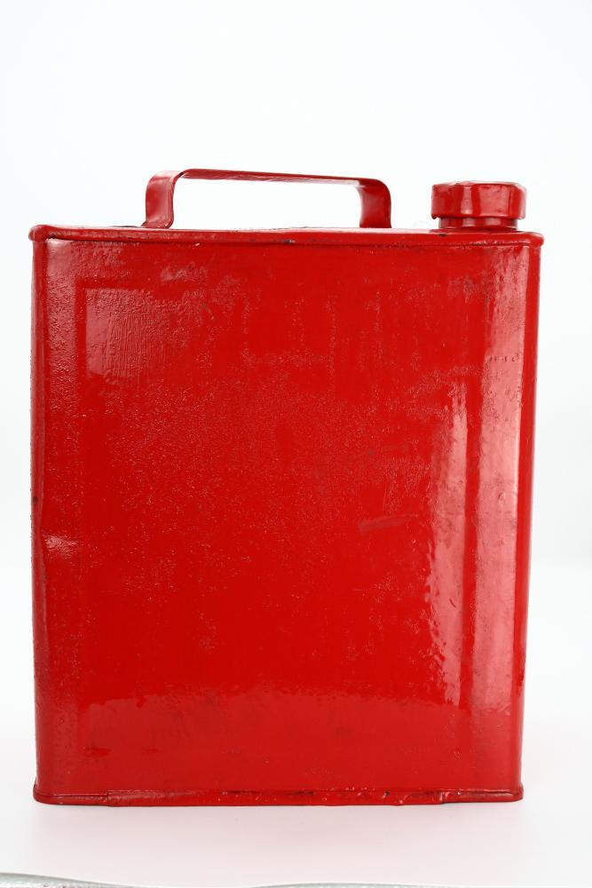 vintage bright red - recently painted - metal petrol can