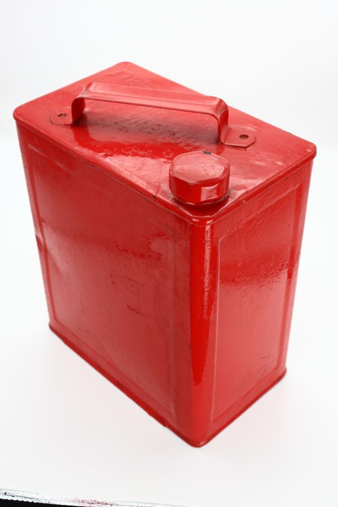 vintage bright red - recently painted - metal petrol can
