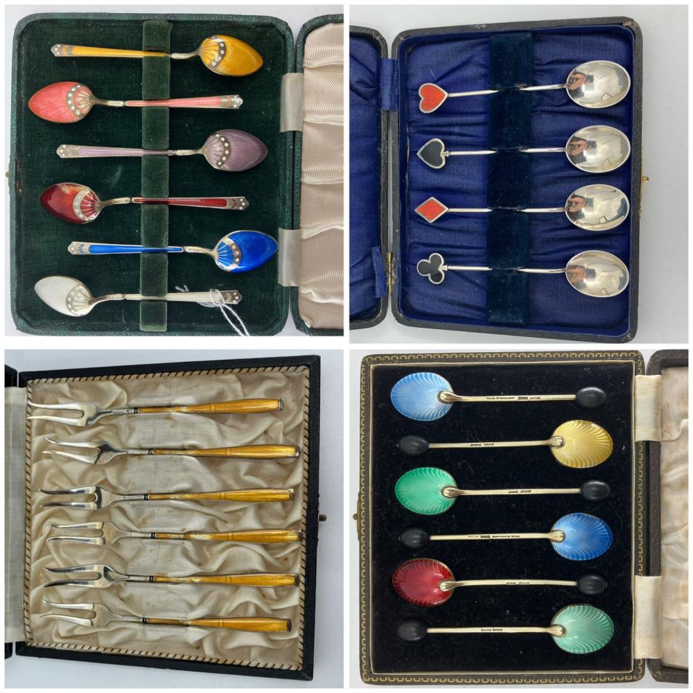 A harlequin set of six silver and enamel bean end coffee spoons ...