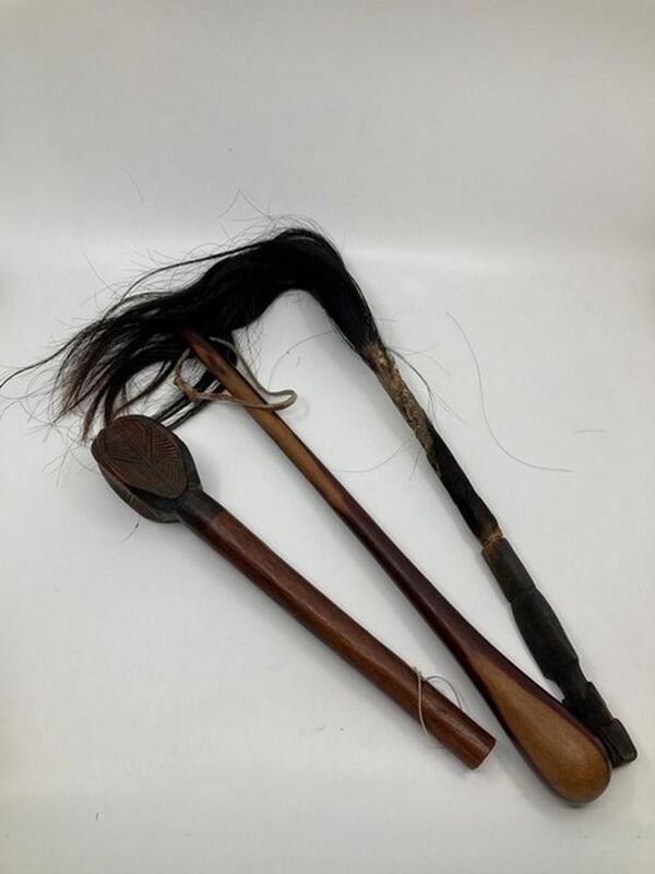 Ethnigraphica, Two African Tribal clubs carved from hardwood and a fly ...