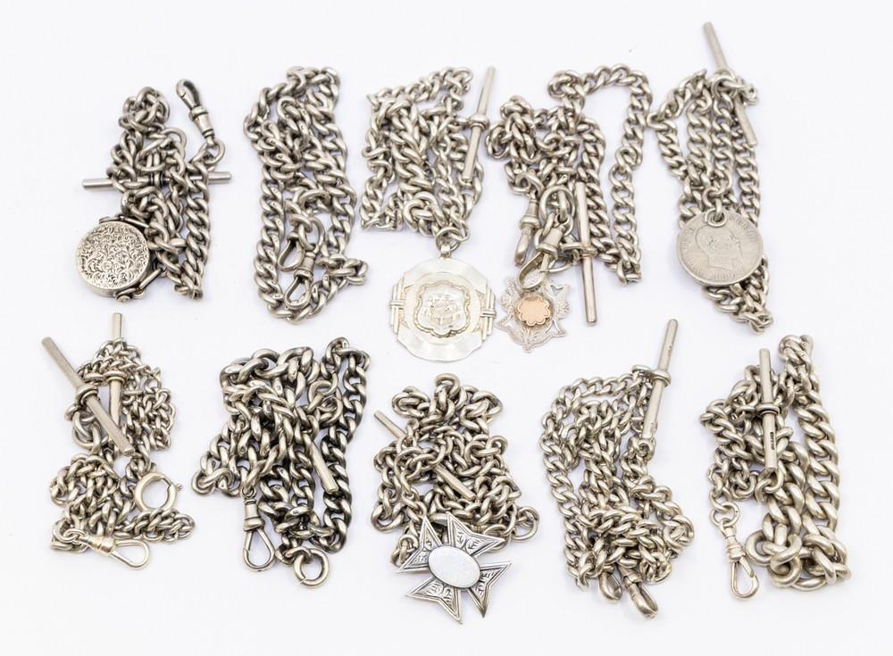 A collection of ten silver albert link fob watch chains, to include ...