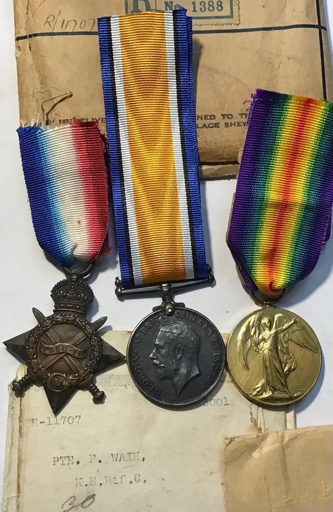 Two British WW1 1914-15 Trio Groups to R-11707 Pte F. Wain of the Kings ...