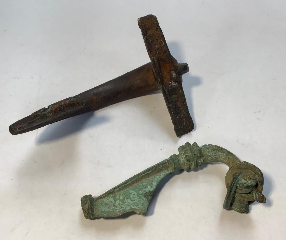Two Roman Brooches, Decorated sprung “dolphin” Roman fibular brooch ...
