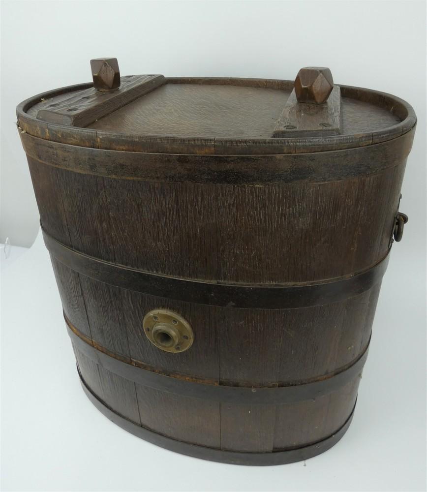 Large antique coopered oak bin with planked lid. Iron handles and hoops ...